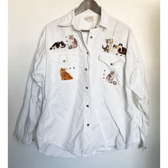 Tia | Tops | Vintage Tia Button Down Shirt Top Cat Applique Embroidered ...